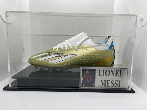 Lionel Messi Personally Signed Gold Adidas Boot with Display Case and ...