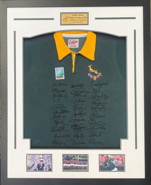 South Africa Springboks 1995 RWC Champions Squad Signed Jersey. Dark a ...